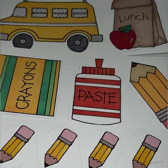 Office | School Paper Cutouts School Bus Lunch Bag Pencils Crayons ...